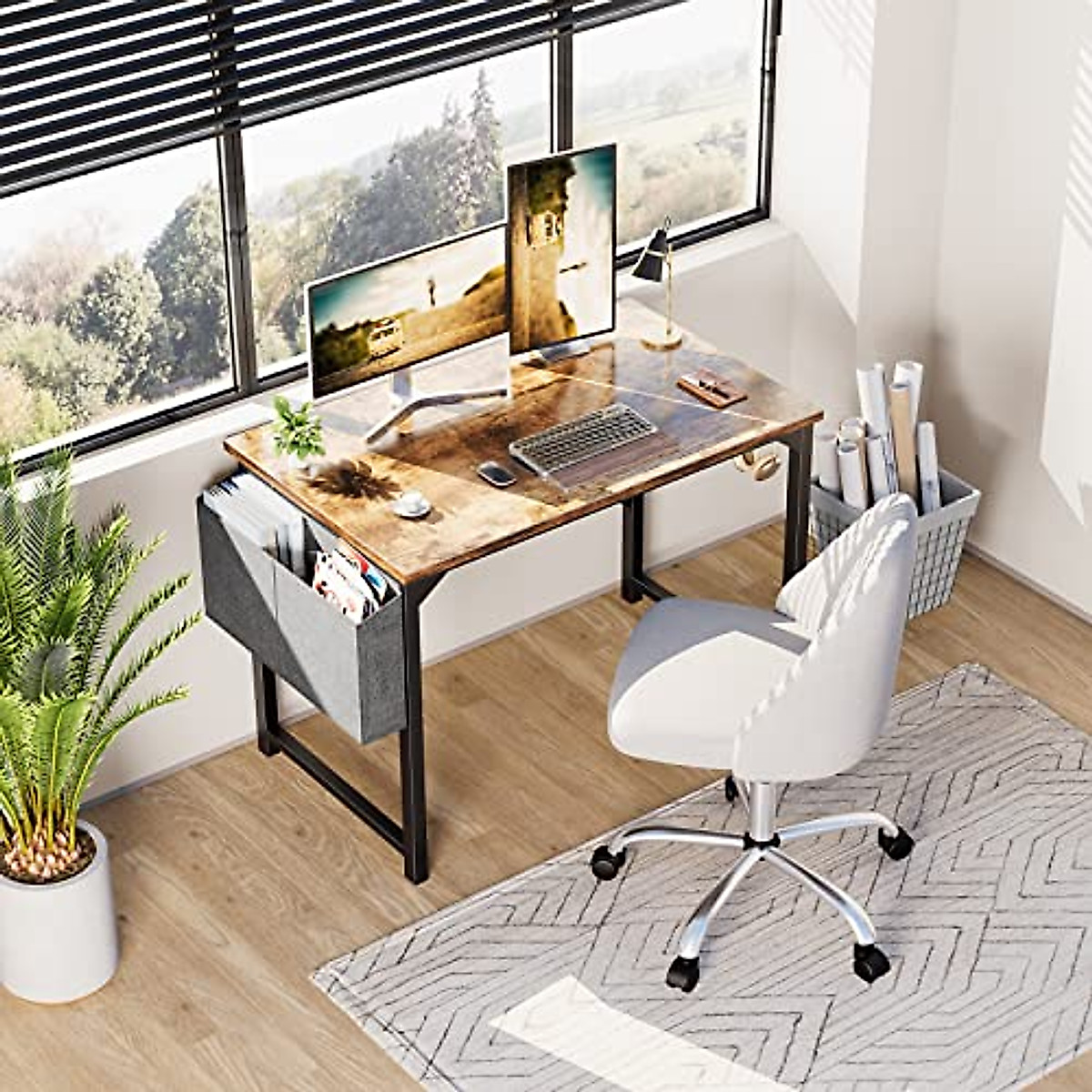 Computer Desk - 40 Inch Office Desk, Writing Desk with Storage and Hooks, Wood Writing Desk for Bedroom, Work Desk for Home Office, PC Table Desk, Rustic Brown