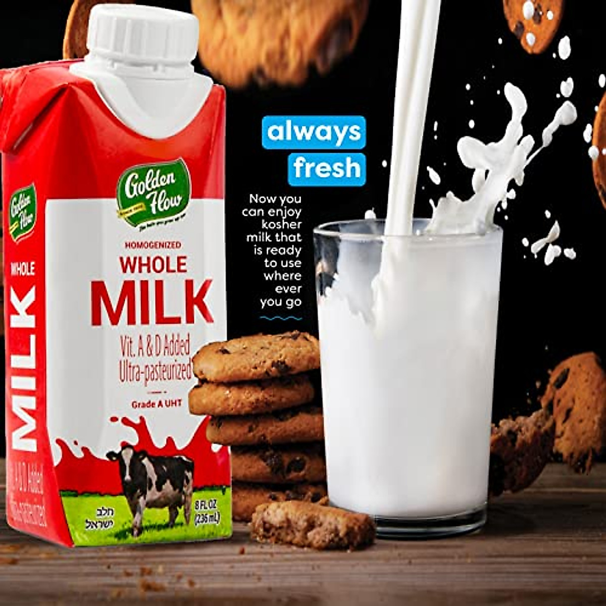 Golden Flow Shelf Stable Whole milk - UHT Boxed Milk - Fortified with Vitamins A & D –No Refrigeration Needed, Cholov Yisroel, Kosher for Passover -8 FL oz- (Pack of 12)