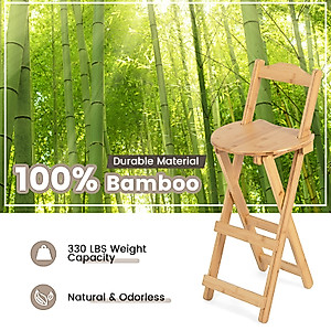 COSTWAY Folding Bamboo Bar Stools Set of 2, 24-inch Kitchen Counter Height Stools with Backrest and Footrest, Portable Bar Chairs for Home Kitchen Island Breakfast, No Assembly, Natural