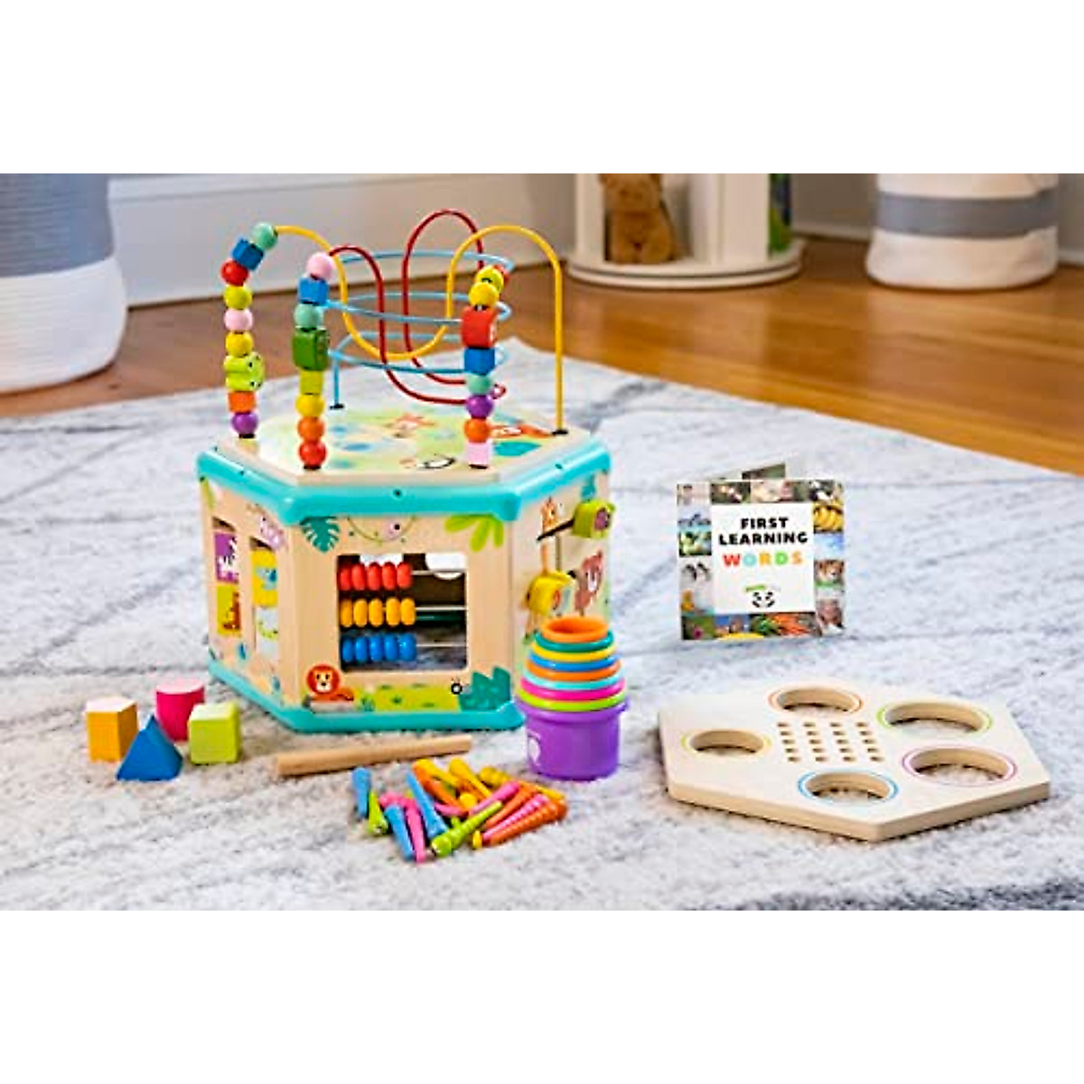 Pidoko Kids Wooden Activity Cube with 2 Tops - Montessori Center Birthday Gifts for 18 Months + Year Old Toddlers - Developmental Learning Baby Girl Boy Toys - Educational Bead Maze Set and Zoo Book