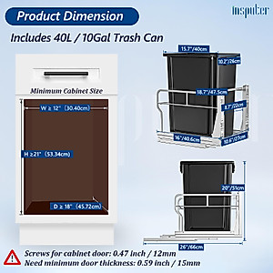 Insputer 40 QT 10 Gal Pull Out Trash Can Under Cabinet, Heavy Duty Under Sink Garbage Can Kit with Soft-Close Slides for Kitchen, Laundry, Requires Minimum Cabinets Opening 12" W X 18" D