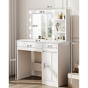 LIVELYGLOW Vanity Desk with Mirror and Lights, Makeup Vanity with Drawer & Storage Shelves, Cabinet, 3 Lighting Modes Adjustable Brightness, Bedroom Dressing Table, White