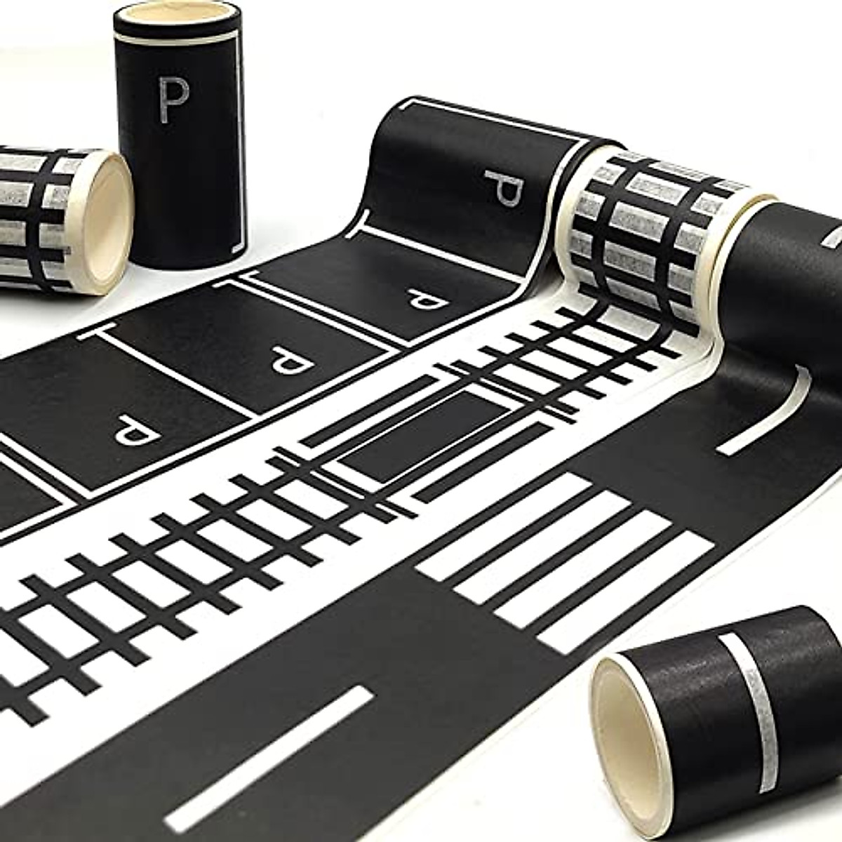 Play Road Tape for Toy Cars Trains 6-Pack Black Car Track Tape, Parking Spot Stick to Floors and Table Flat Surface,No Residue, for Kids Gift (TAPE6)