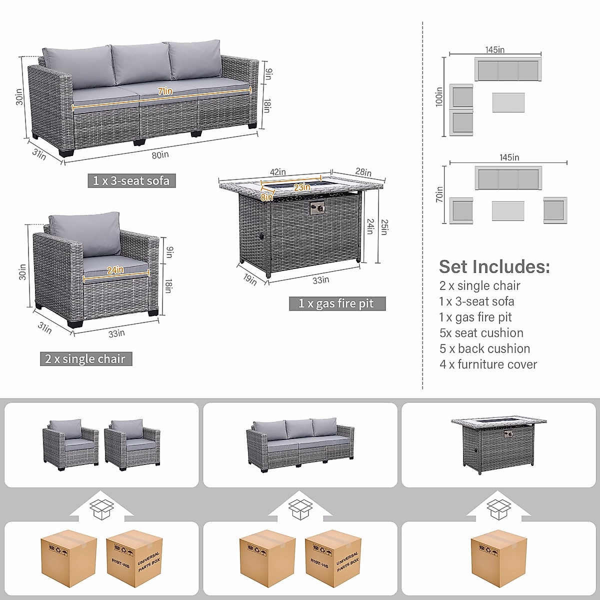 Rattaner Patio Furniture Set 4 Pieces Outdoor Furniture Sets Patio Couch Outdoor Chairs 42 Inches Propane Fire Pit Table with Anti-Slip Cushions and Waterproof Covers, Light Grey