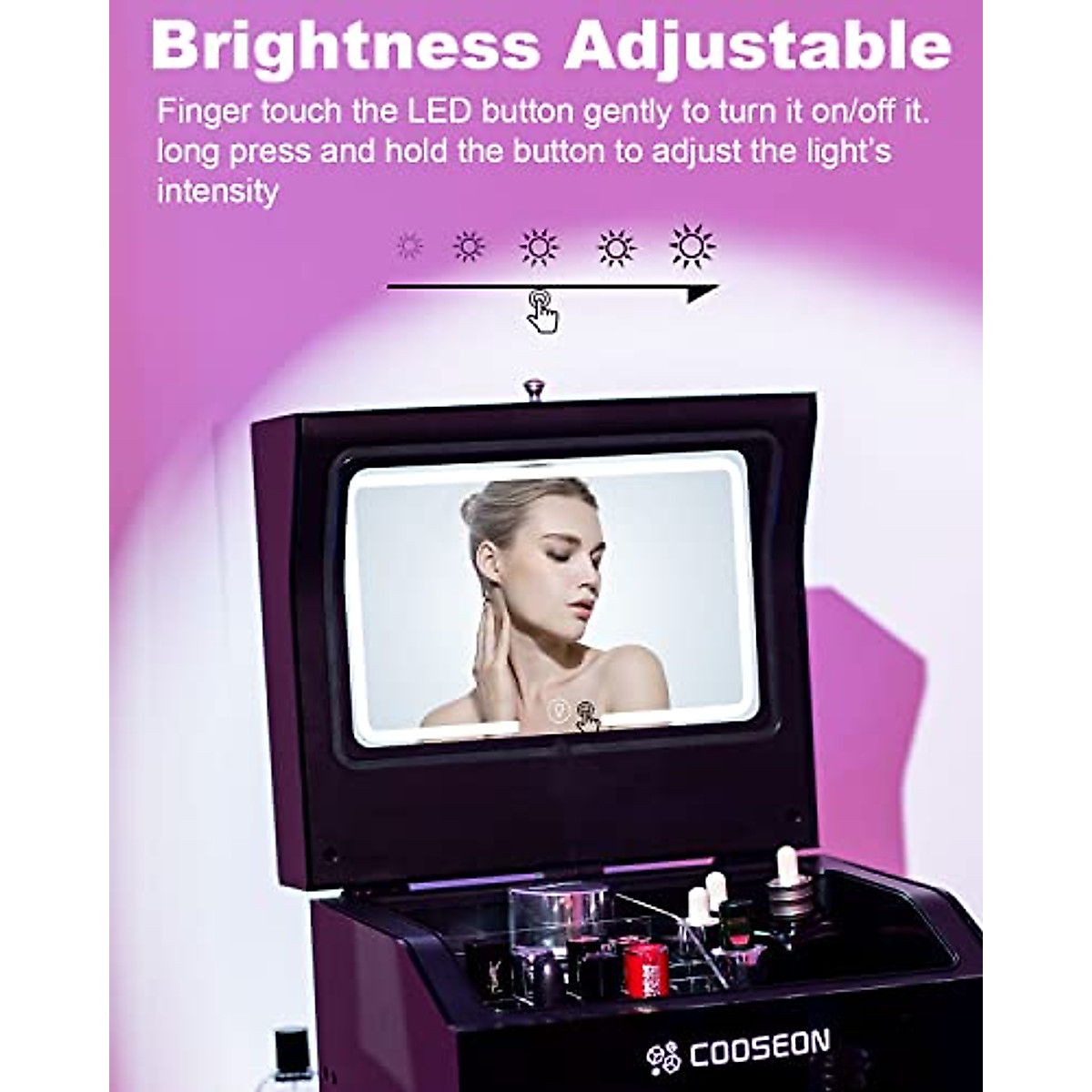 COOSEON Acrylic Skincare Fridge 10 Liter With Adjustable HD Mirror Light Thermostatic Mini Beauty Fridge with Removable Divider Shelf, Cosmetic fridge for Makeup, Bedroom, Office, Room