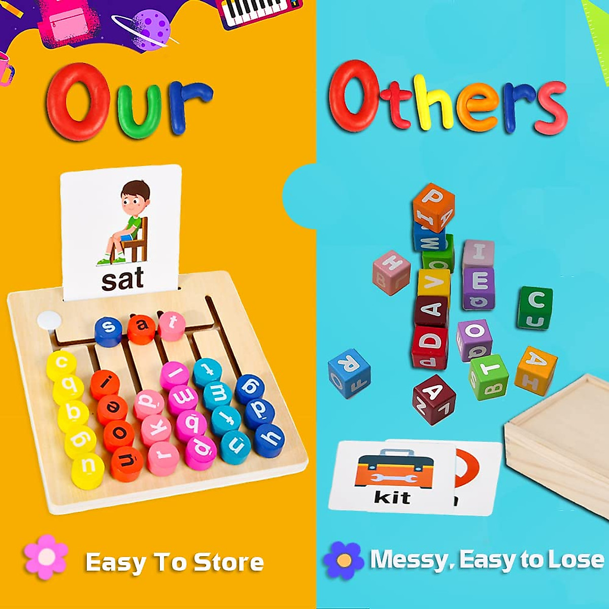 GIMCALO Sight Word Games, Montessori Letter Puzzle Building Blocks CVC Flash Cards Kindergarten Homeschool, ABC Learning Education Toddlers Wooden Toys, Birthday Easter Xmas Gifts for Kids Ages 3-7