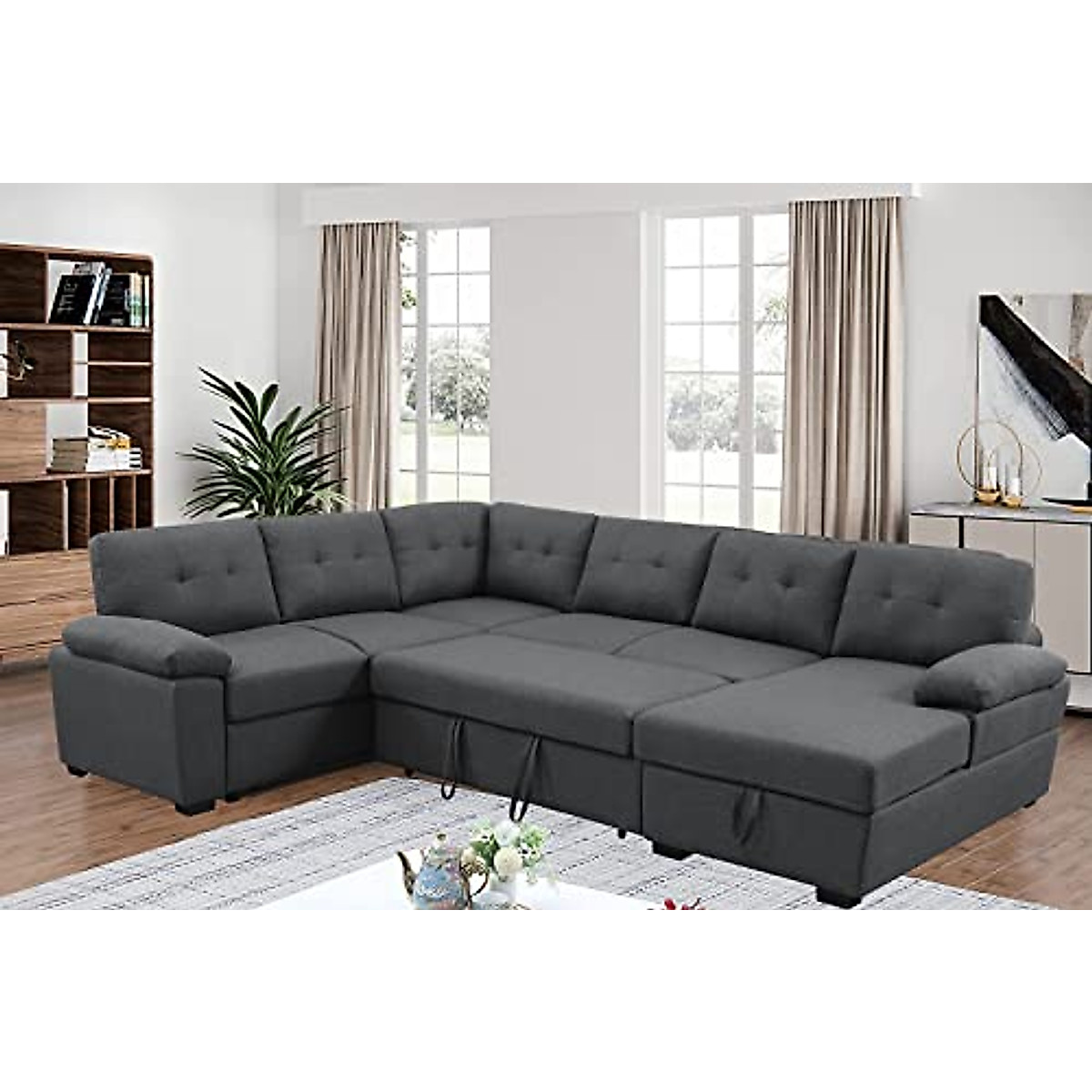 Sectional Sleeper Sofa Bed L Shaped Pull-Out Couch Bed with Storage Lounge Chair Home Office Sleeper Sofa Couch 6 Seater Sectional Couches Set, Dark Grey