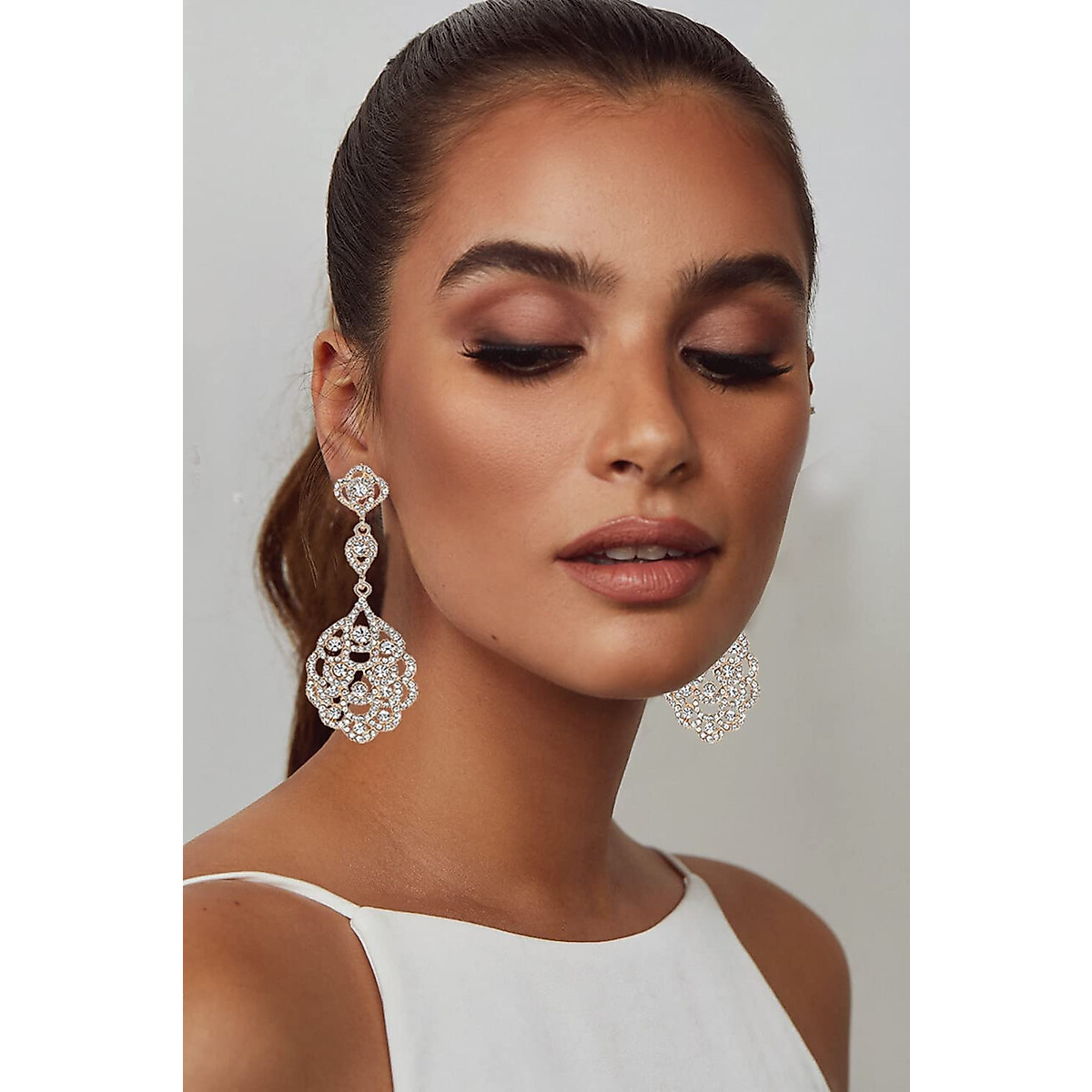 Gold Rhinestone Wedding Bridal Chandelier Dangle Earrings Sparkly Crystal Long Teardrop Statement Earrings for Women Brides Pageant Prom