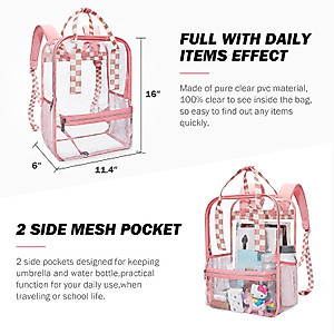 mommore Heavy Duty Clear Backpack Durable See Through Bookbags for Work (Pink Plaid, Large)