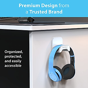 TotalMount Gaming Headset Hanger – Includes Removable Adhesive Strips for Easy, Damage-Free Wall, Desk, or PC Mounting (White Headphone Hook with Premium Silicone Cradle – One Pack)