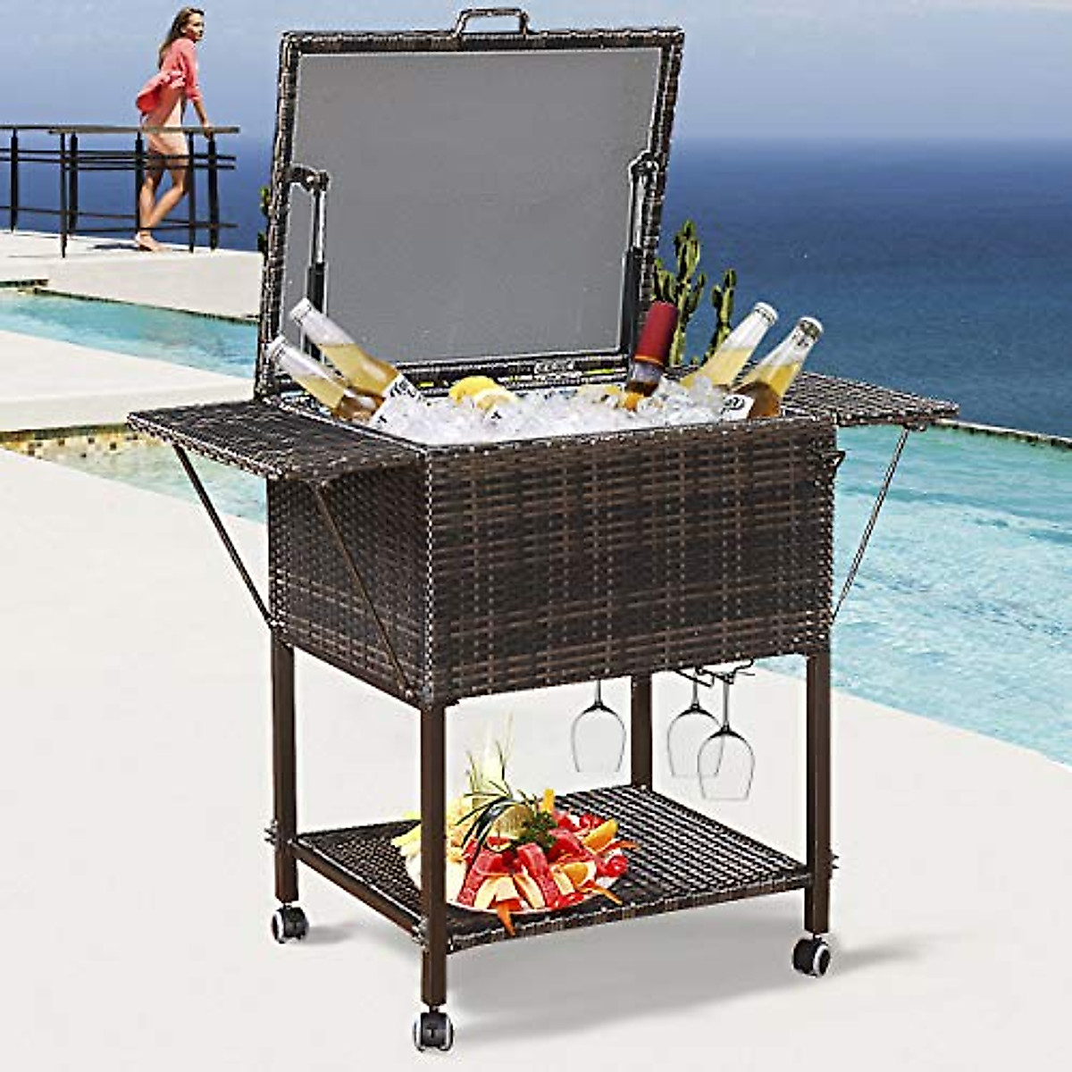 Casart Portable Rattan Cooler Cart, 108 Quart Outdoor Cooling Trolley for Patio & Pool Party, Ice Chest Portable Rolling Patio Cooler