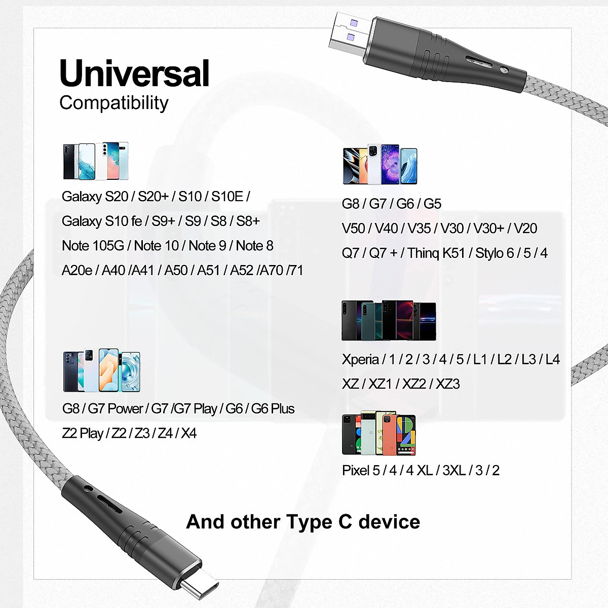 USB C to USB A Cable,Extra Long 3 Pack 10 ft Type C 3A Fast Charger Cord for iPhone 16/15 pro max,Samsung Galaxy S22 S21 S20 S10 S9 S10E, Note 20 10 9 8, Moto G7 G8,LG K51& More (Grey)