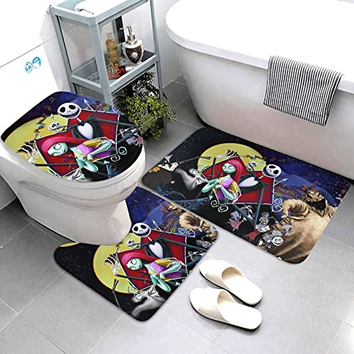 LAYINUSG 4Pcs Nightmare Before Christmas Shower Curtain Set with Non-Slip Rugs, Toilet Lid Cover and Bath Mat, Halloween Xmas Winter Holiday Bathroom Decor Sets with 12 Hooks 72 x 72 Inches