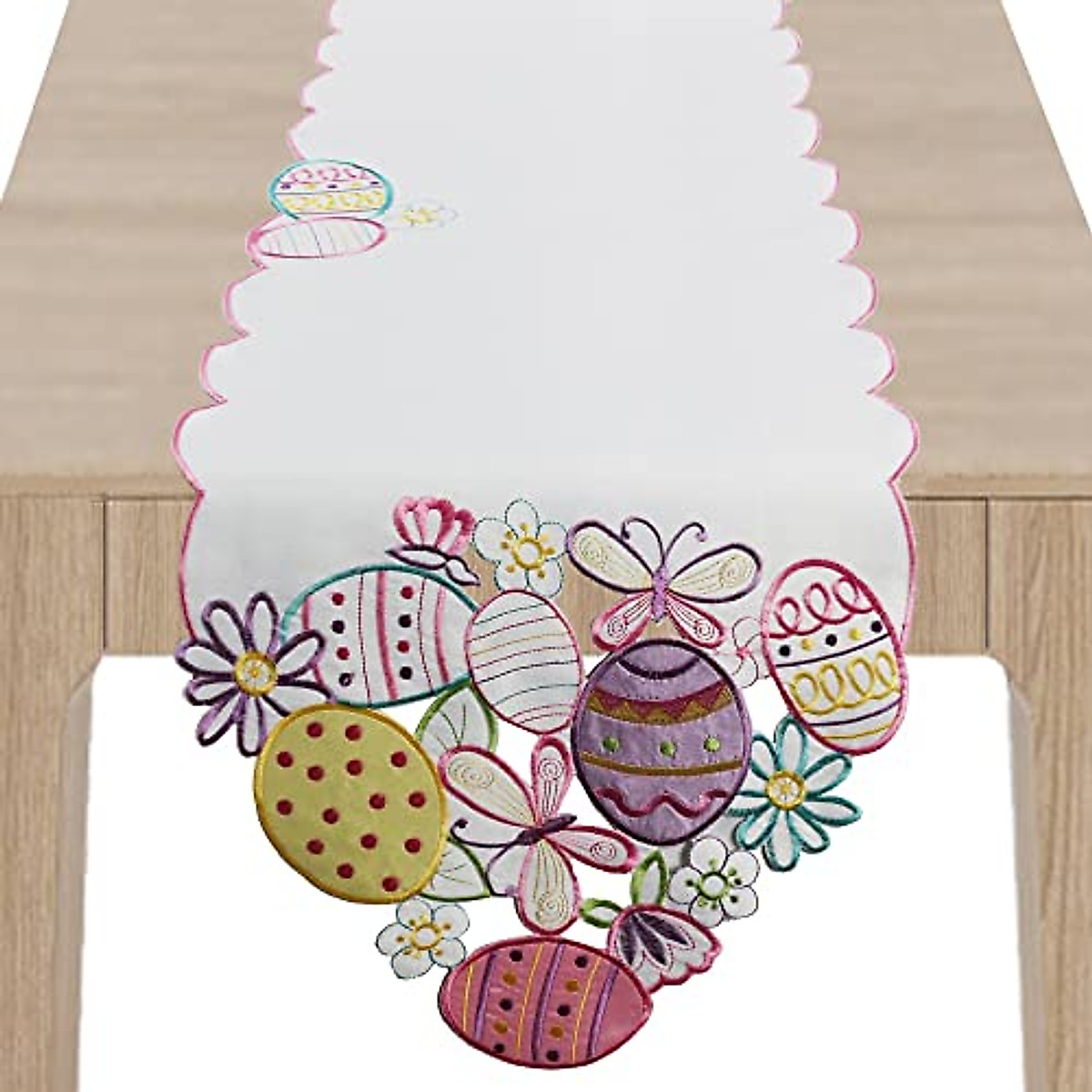 OWENIE Easter Table Runner, Embroidered and Cutwork Colorful Eggs Table Runner for Easter Holiday and Spring Season Table Decor, 13 x 70 Inch Cute Dresser Scarves