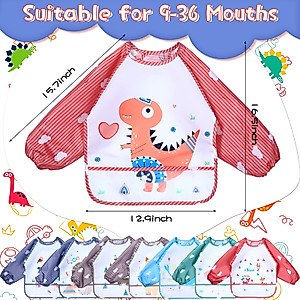 8 Pack Long Sleeve Baby Bibs for Girl or Boy Baby Waterproof Sleeved Bib Infant Art Smock Apron Baby Bibs for Eating Long Sleeve Bibs for Babies Animal Pattern Toddler Bib with Pocket for 6-36 Months