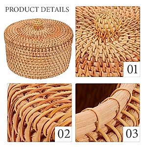 Abaodam Rattan box Small Round Basket Small Wicker Basket with Lid Rattan Storage Basket Box Boho Straw Fruit Snacks Basket for Home Bathroom Shelf Decor