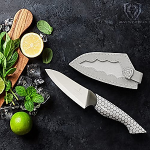 Dalstrong Paring Knife - 3.5" - Frost Fire Series - High Chromium 10CR15MOV Stainless Steel - Frosted Sandblast Finish - White Honeycomb Handle - Leather Sheath - NSF Certified