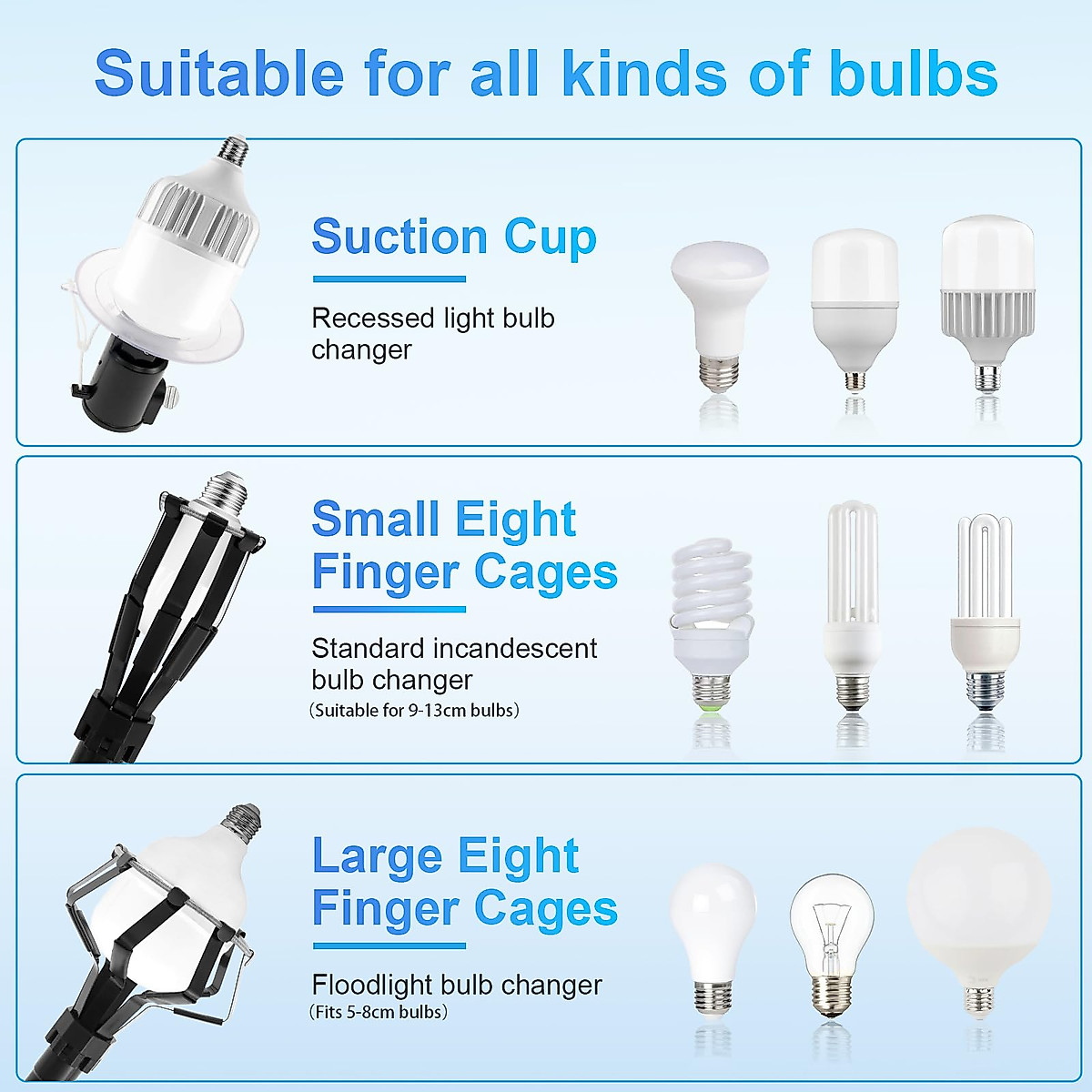 FALESOUL 12FT Light Bulb Changer for High Ceilings, Light Bulb Changer with Two Eight-Finger Cages and A Suction Cup, High Reach Light Bulb Changer for High Ceiling and Recessed Lamps