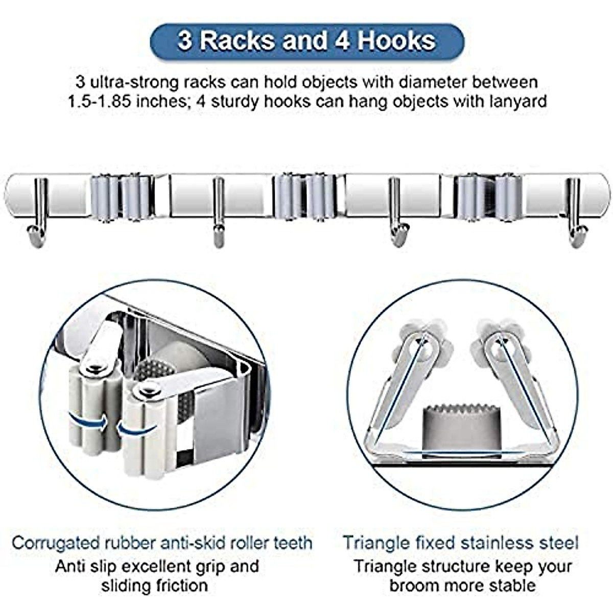 Broom Mop Holder, Wall Mounted Heavy Duty Stainless Steel Storage Rack Organization Tools, Kitchen Garden Garage Or Bathroom Organization and Storage (3 Clip 4 Hook)