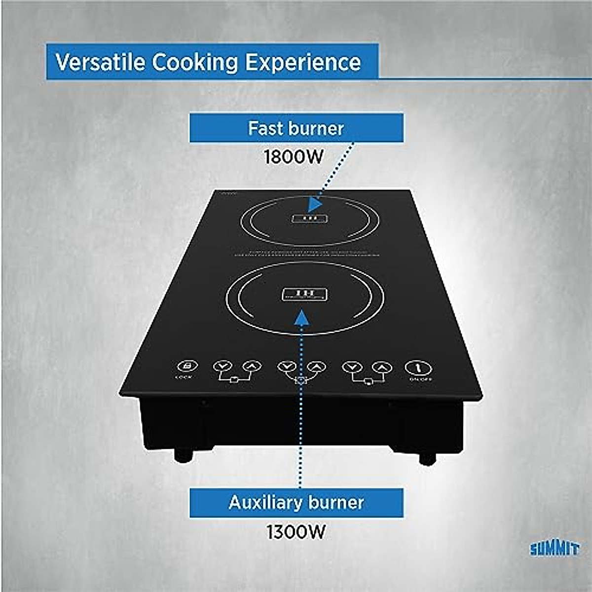 Summit SINC2220 12-inch 2 burner Digital Electric Induction Cooktop with 7-piece cookware set, Jet Black Glass, 230V, 3100W, LED Display, 8-Power Level, Timer, Easy Plug-In, Easy to Clean
