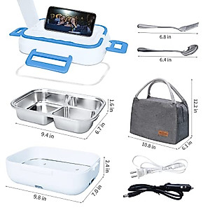 Electric Lunch Box 60W Portable Food Warmer Heater 3-in-1 1.5L Faster Heated Lunch Boxes 12V 24V 110V for Car Truck Home Heating Microwave 304 Stainless Steel Container with Fork Spoon & Carry Bag