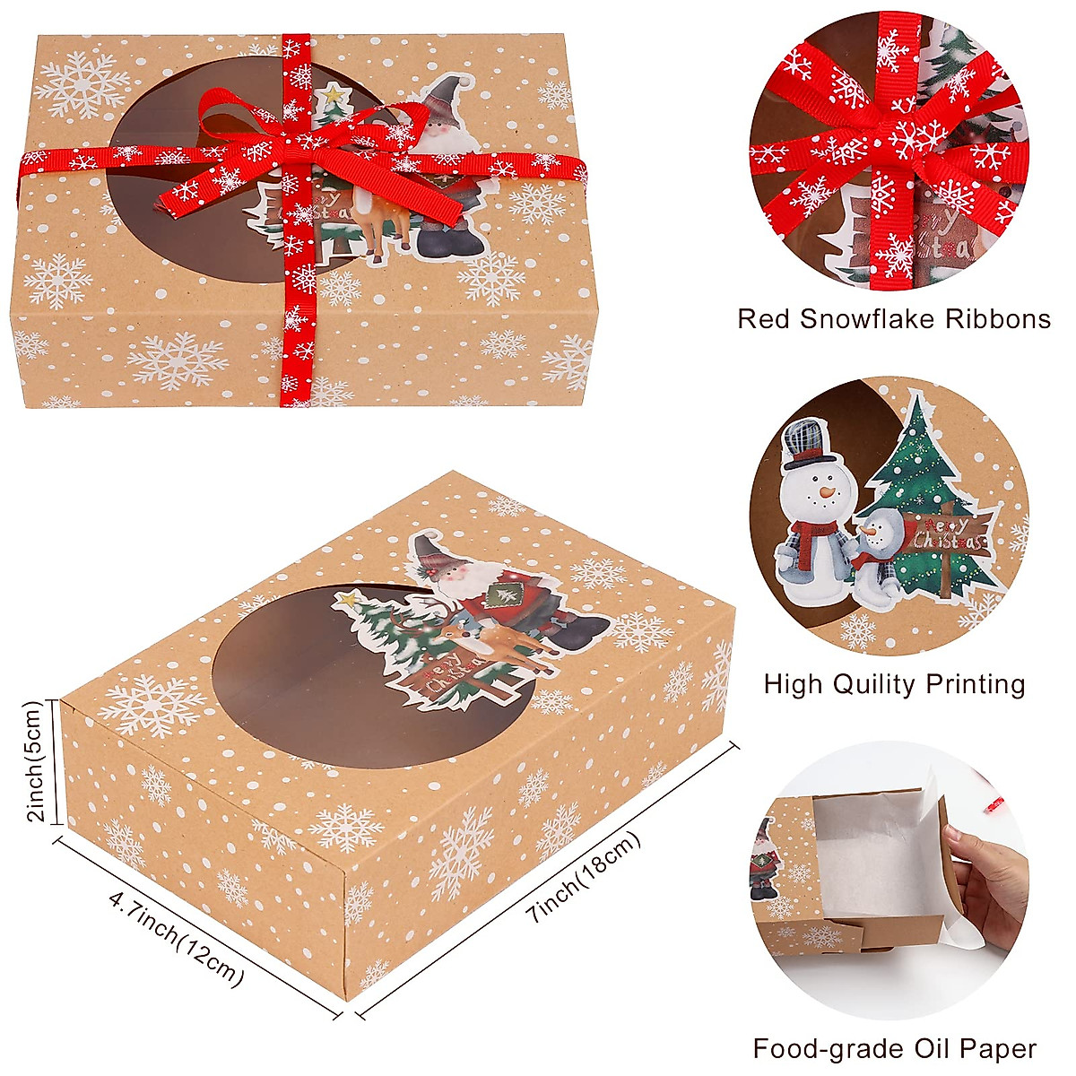 OurWarm 12pcs Christmas Cookie Gift Boxes Treat Boxes for Holiday Gift Giving and Christmas Party Supplies, Christmas Kraft Paper Food Bakery Boxes with Clear Window, Oilpaper and Ribbons
