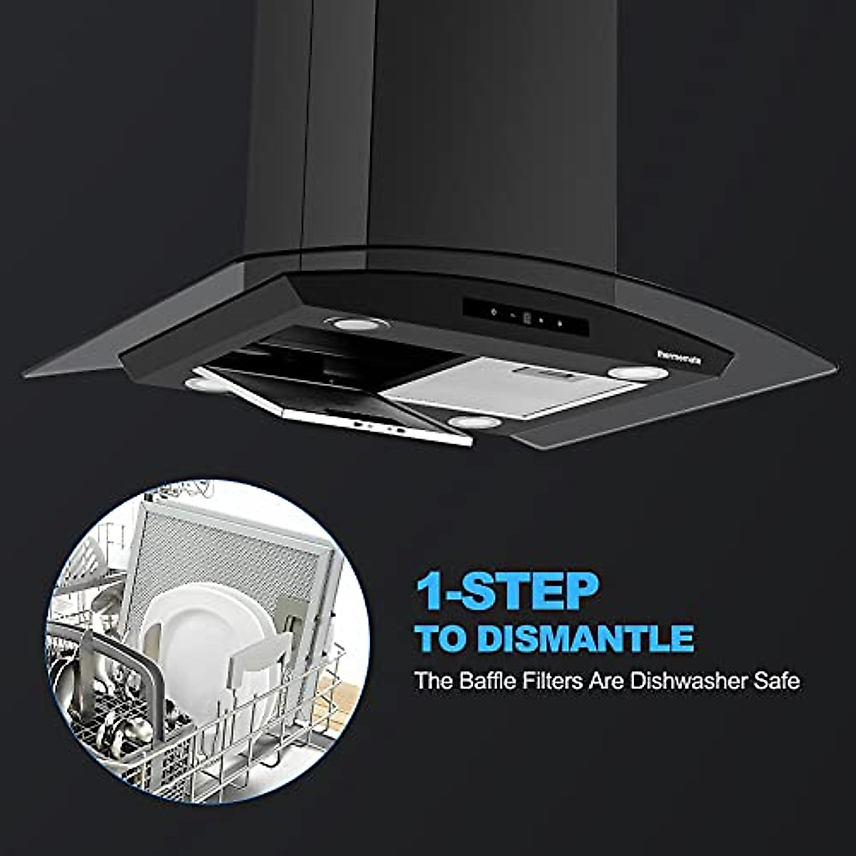30 Inch Island Range Hood, thermomate 350 CFM Black Stainless Steel Stove Vent Hood with 4 LED Lights, 3 Speed Exhaust Fan with Touch Control, Ducted/Ductless Convertible, ETL Certified