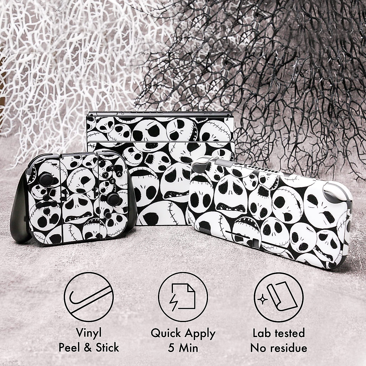 BelugaDesign Skulls Switch Skin | Gothic Sticker Wrap Vinyl Decal | Nightmare Halloween Horror | Compatible with Nintendo Switch (Switch Lite, Black White)