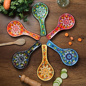 BCS Spoon Rest Set of 2 - Ceramic Spoon Holder for Stovetop & Kitchen Counter - Dishwasher Safe Handmade Kitchen Utensil (Green-Orange 4.5” W x 9" L)