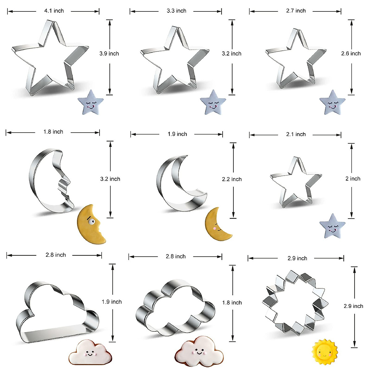 Star, Moon, Cloud and Sun Cookie Cutters 9 Piece Set - Twinkle Twinkle Little Star Celestial Night Sky Cookie Cutter Biscuit Mold for Kids Baby Shower Birthday Party Decoration - 4 Inch 3 Inch 2 Inch