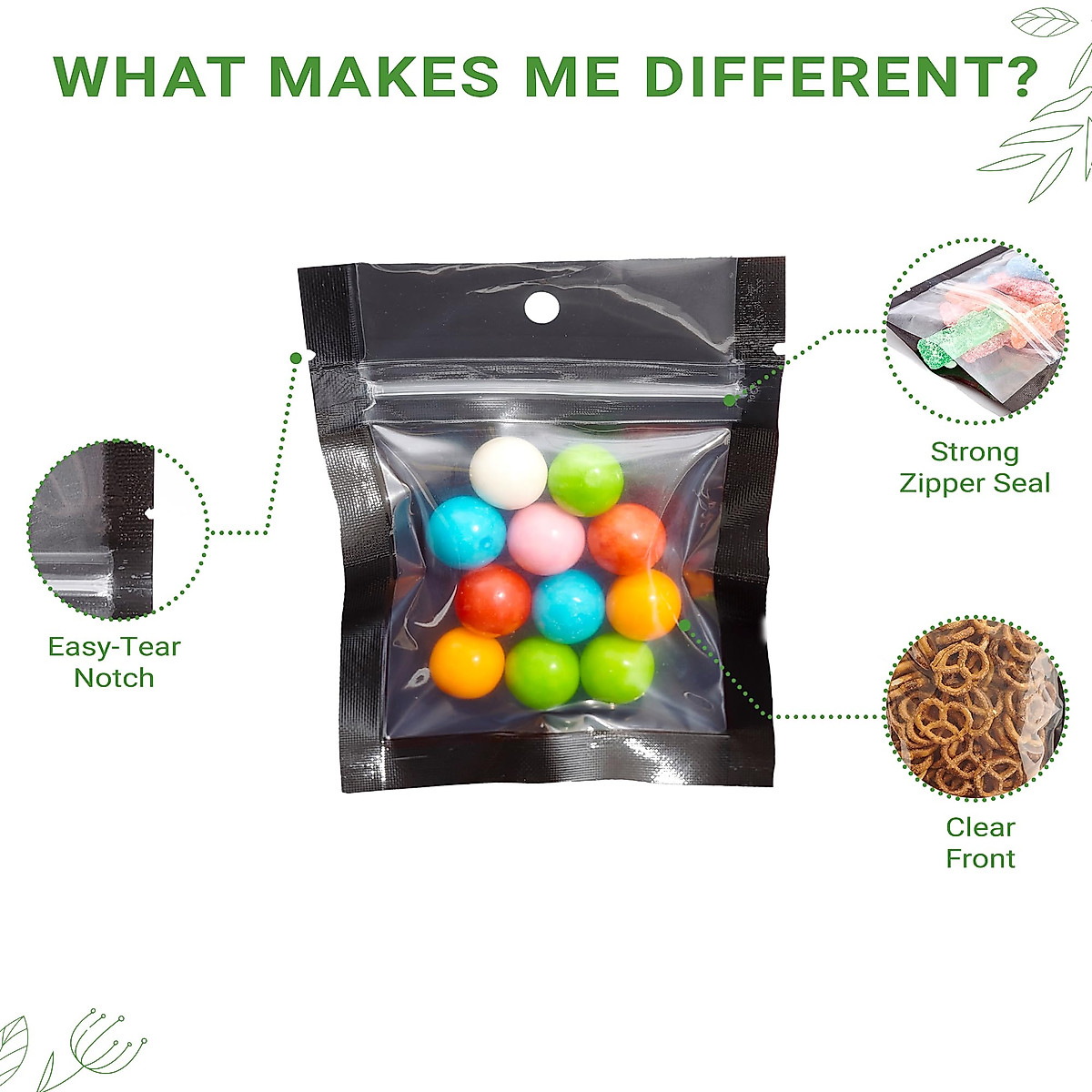 PouchWorth 100 Pack 3.5"x4.5" Mylar Clear/Black Nylon Resealable Flat Bags Heat Seal Zipper Lock Reusable Storage Pouches for Zip Food Storage Lock Packaging with Tear Notches