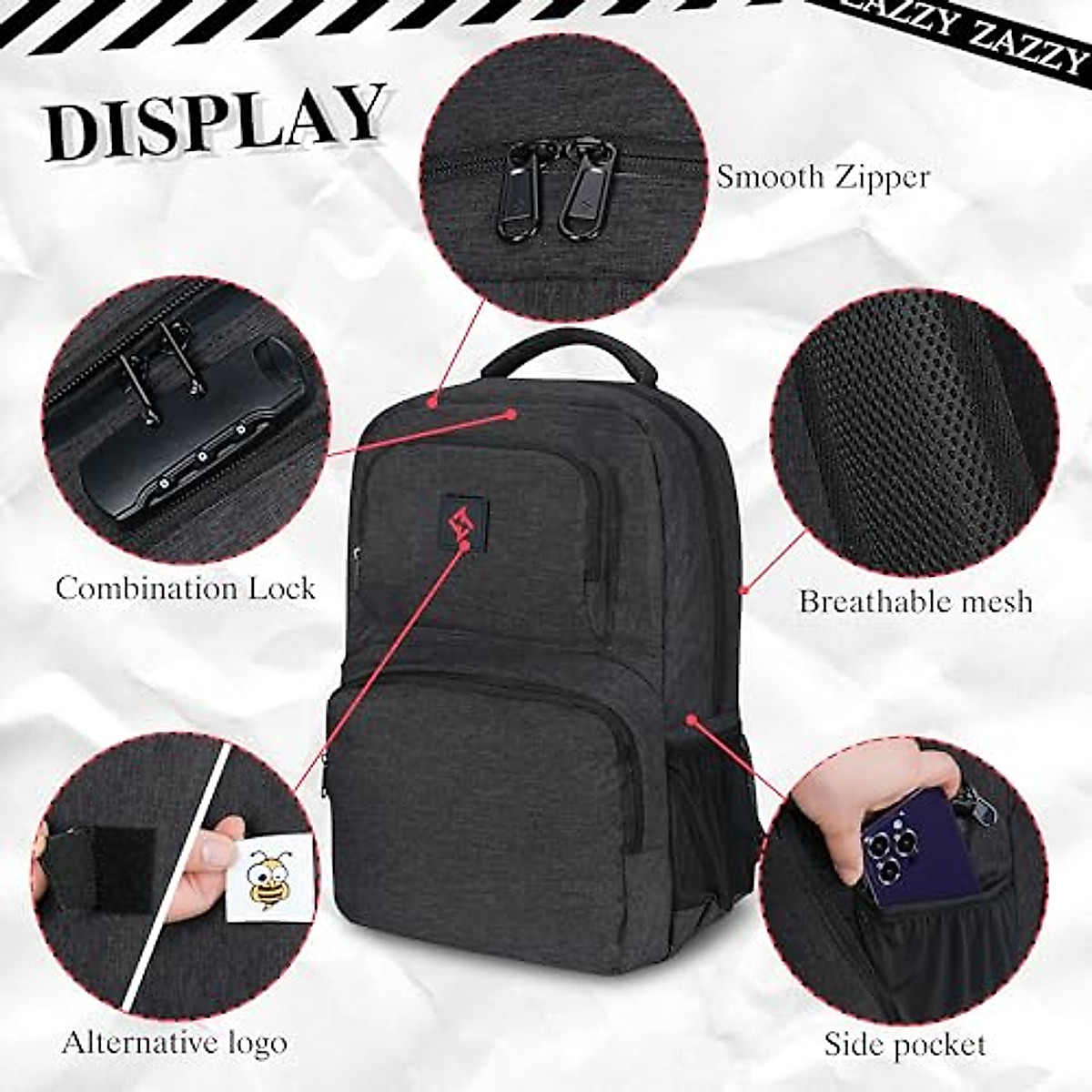 ZAZZY Backpack with Lock Carbon Fiber Backpack with Combination Lock Travel Backpack for Men & Women Black