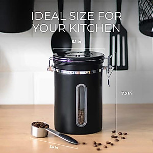 ALPACA VENTURES Stainless Steel Coffee Canister - Airtight Kitchen Food Storage Container with Date Tracker, CO2-Release Valve and Measuring Scoop For Ground Coffee, Beans, Tea, Sugar, Large (Black)