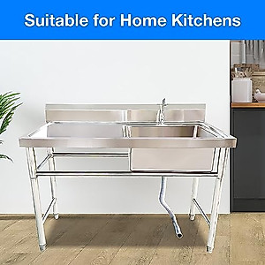 DuyviSteil 304 Stainless Steel Utility Sink, Commercial Kitchen Sink with Drainboard Free Standing Single Bowl for Outdoor, Garage, Laundry Room