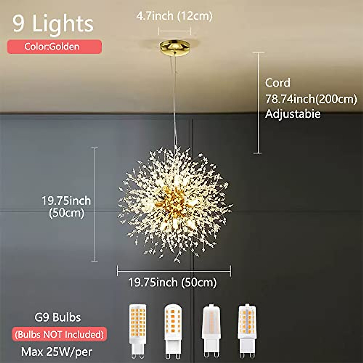 Mivenda Gold Crystal Chandeliers 9-Light Modern Firework Chandelier Dandelion Light Fixture,Bedroom Chandelier,Ceiling Hanging Lighting for Dining Room,Bedroom,Aisle