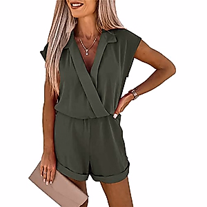 PRETTYGARDEN Women's Romper Dressy Casual Summer Wrap V Neck Short Sleeve Wide Leg Shorts One Piece Jumpsuits (Army Green,Small)