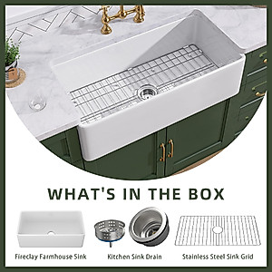 TUKTUK White Farmhouse Sink 33 inch Fireclay Apron Front Single Bowl Kitchen Sink Deep Drop In Farm Sink Undermount with Custom Bottom Grid & Strainer Drain
