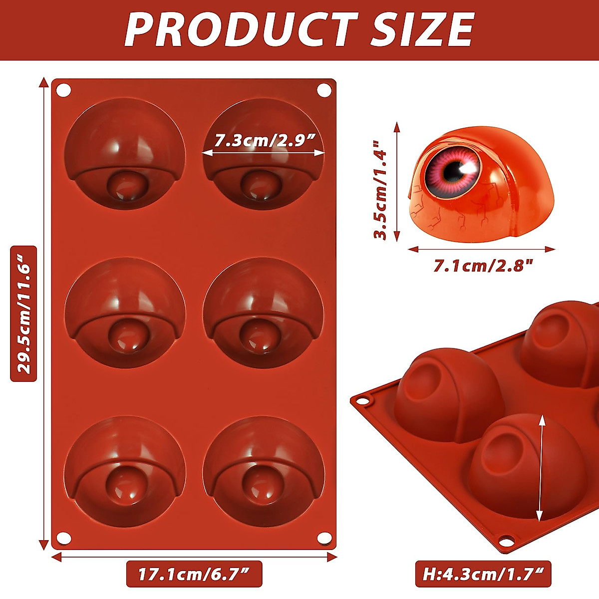 Webake Eyeball Jello Mold Silicone Halloween Jello Mold Shaped with Scary Eyes for Cake, Jelly, Hot Cocoa Bomb, Soap, 6-Cavity Semicircle Ball Mold for Halloween Trick or Treat Party