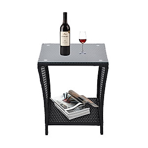 Koruiten Patio Wicker Storage Side Table,Outdoor PE Rattan Woven Coffee End Table with Tempered Glass Top for Indoor Outdoor Porch Lawn Poolside Garden Backyard Balcony(Black)