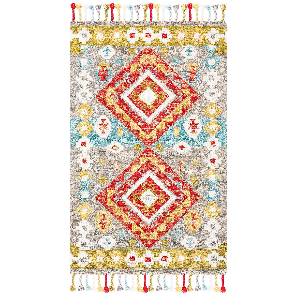 SAFAVIEH Aspen Collection Accent Rug - 4' x 6', Grey & Red, Handmade Boho Diamond Braided Tassel Wool, Ideal for High Traffic Areas in Entryway, Living Room, Bedroom (APN119F)