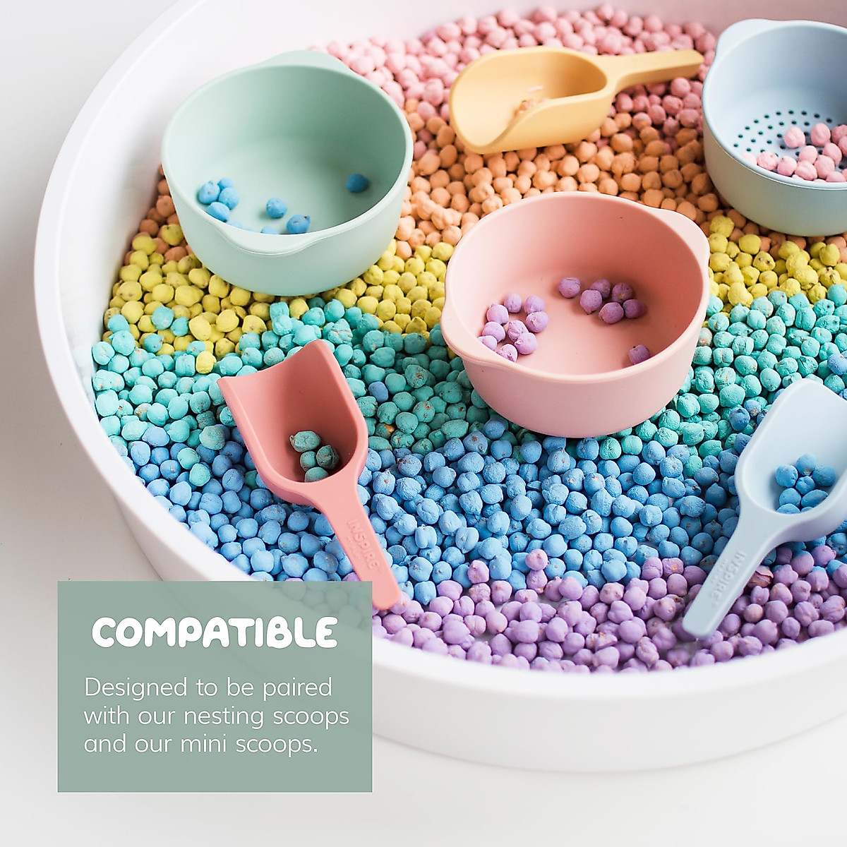 Inspire My Play - 3 x Nesting Bowls and Sieve - Perfect for Sensory PlayTray - Sensory Bin Accessories - Special Education Classroom Supplies - Montessori Education Toys - Coral