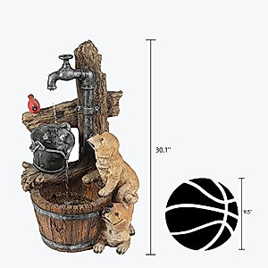 LuxenHome Water Fountain Outdoor, 3 Tiered Puppies and Water Pump Resin Outdoor Fountains and Waterfalls, Water Fountains with LED Light, 30 inch Brown/Yellow, Farmhouse Garden Water fountains outdoor