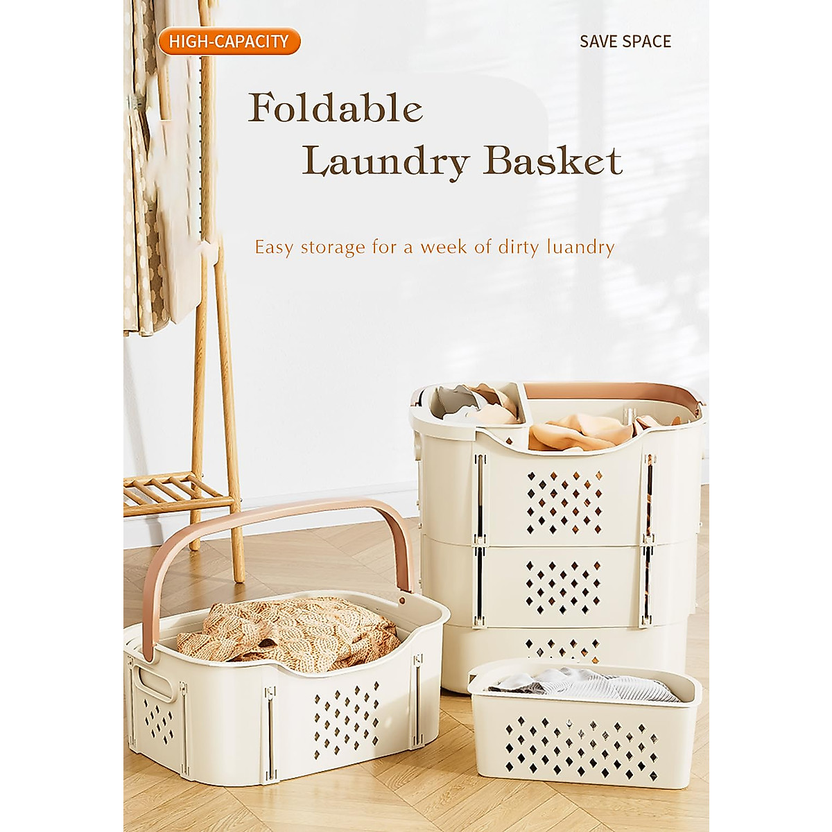 OptmAVth Collapsible Laundry Basket/Hamper, Foldable and Durable, Separater Basket, Room Storage and Organization, Begie