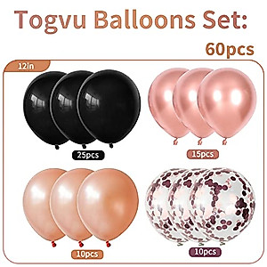 Rose Gold Black Balloons, 60 Pcs Metallic Rose Gold Matte Black Pearl Rose Gold Confetti Latex Balloons, Black Rose Gold Party Balloons for Women Girls Birthday Baby Bridal Shower Wedding Decoration