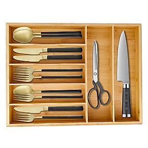 Annmexx 17X13X2.5IN Upgraded Bamboo Kitchens Silverware Organizer, Drawer Organizers, Silverware Drawer Organizers, Utensil Drawer Organizers, 7 Slots Extra Deep Grooved Divider