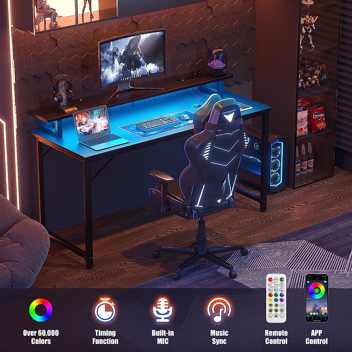 Hyomdeck Computer Desk with USB Power Outlets and LED Lights, 47 inch Gaming Desk with Monitor Stand for Small Space Home Office, Modern Simple Study Writing Table PC Desks, Black