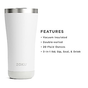 Zoku 20oz Powder Coated Tumbler, White | Premium Stainless Steel and Vacuum Insulated | Special Rotating Lid Designed for Sipping and Straw Use