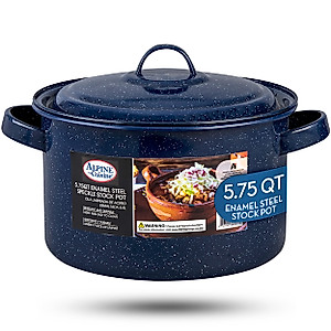 Alpine Cuisine Enamel Steel Dark Blue Speckle Stock Pot 5.75qt with Lid, Healthy Cookware Commercial Grade Stockpots, Multi Cooking Pot for Stew, Sauce & Reheat Food, Compatible for Family Meals