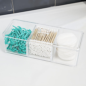 ZEXALOR Clear Bathroom Dresser Organizer - Cotton Ball Swab Holder with 3 Divided Compartments&Lid, , Waterproof Transparent Small Plastic Storage Containers, Vanity Makeup Organization (Clear)