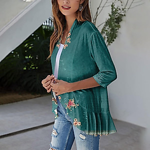 Cardigan Sweater for Women Retro Print Casual Duster Cardigans Lightweight Jackets 3/4 Sleeve Blouse Tops Coat Floral Jackets for Women Dance Dresses for Women（2-Dark Green,XX-Large）